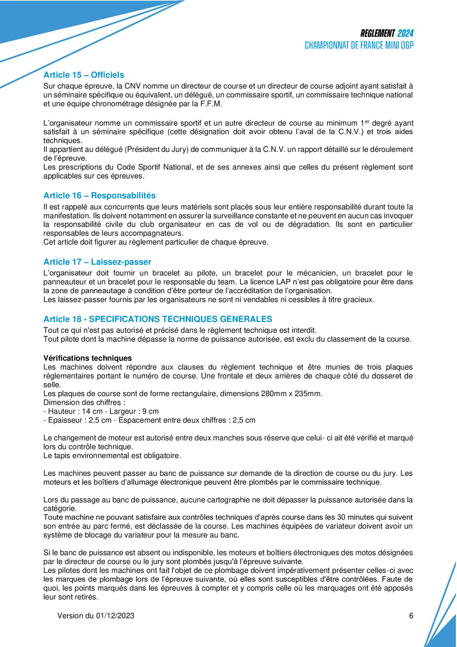 Règlement Championnat de France Mini OGP | FFMoto